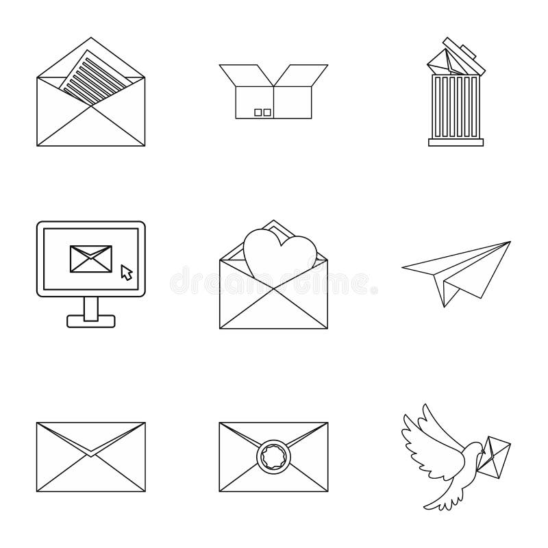 E-mail Icons Set, Outline Style Stock Vector - Illustration of isolated ...