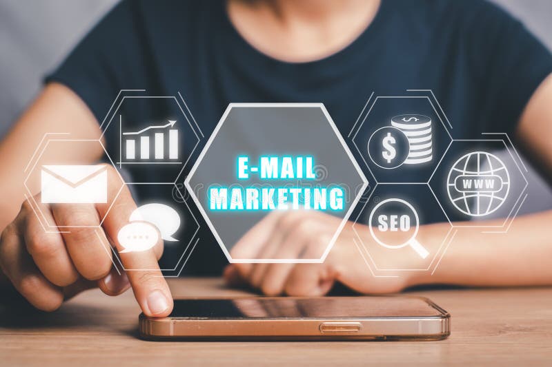 Person Using Smartphone on Desk with E-mail Marketing Icon on Virtual ...