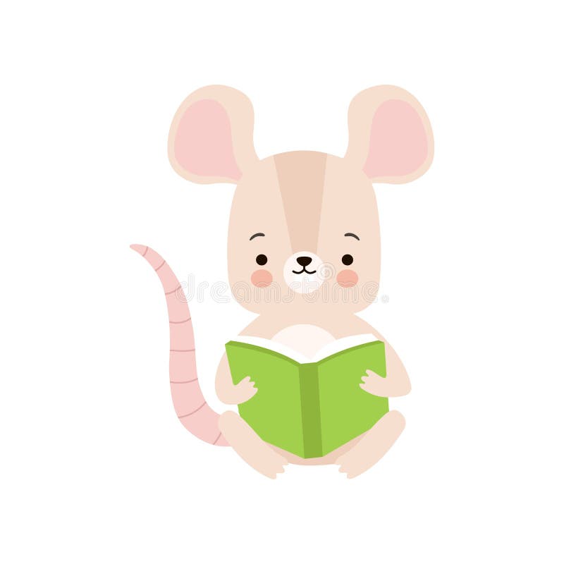 Cute Mouse Reading Book, Adorable Smart Animal Character Sitting with ...