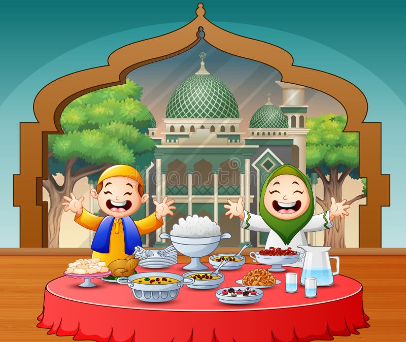 Happy Muslim Kids Celebrating the Iftar Party 向量例证 - 插画 包括有 女孩, 食物 ...