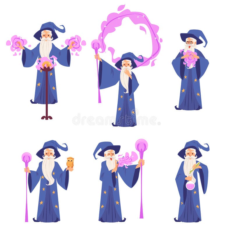 Set of Wizard Men in Robe and Hat Stands Making Magic Cartoon Style ...