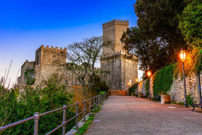 Erice, Sicily, Italy: Night View of the Venere Castle, a Norman ...