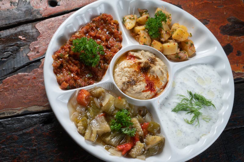 Mix Plate Arabic Food with Vegetarian Spread Starters on Rustic Wooden ...