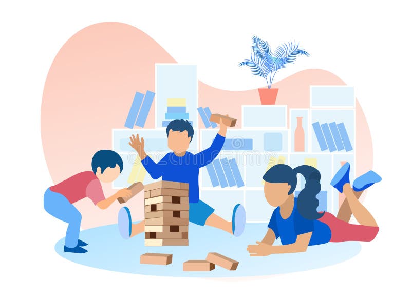 Two Boys and Girl Building Toy Brick Tower Cartoon Vector Illustratie ...
