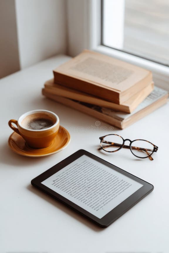 E-reader, Coffee Cup, Books and Glasses on White Windowsill Table Setup ...