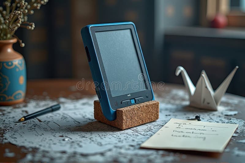 E-reader Device on Wooden Table with Handwritten Notes and Origami ...