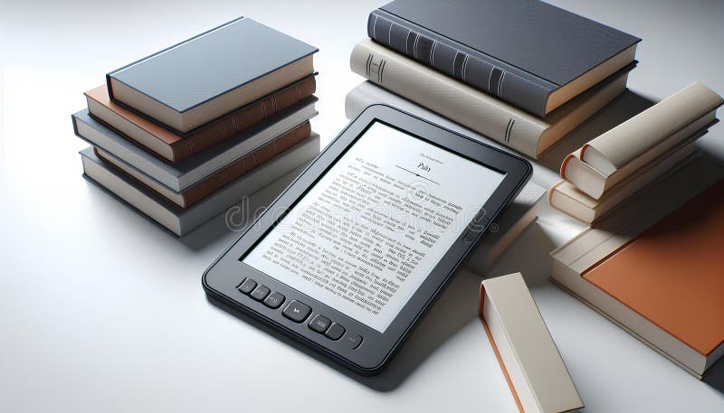 E Reader Displayed Alongside a Stack of Traditional Hardcover Books ...