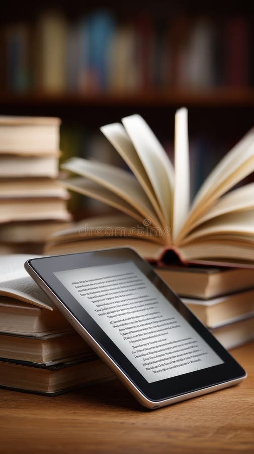 E-reader on Stack of Books with Open Book in Background for Studying ...