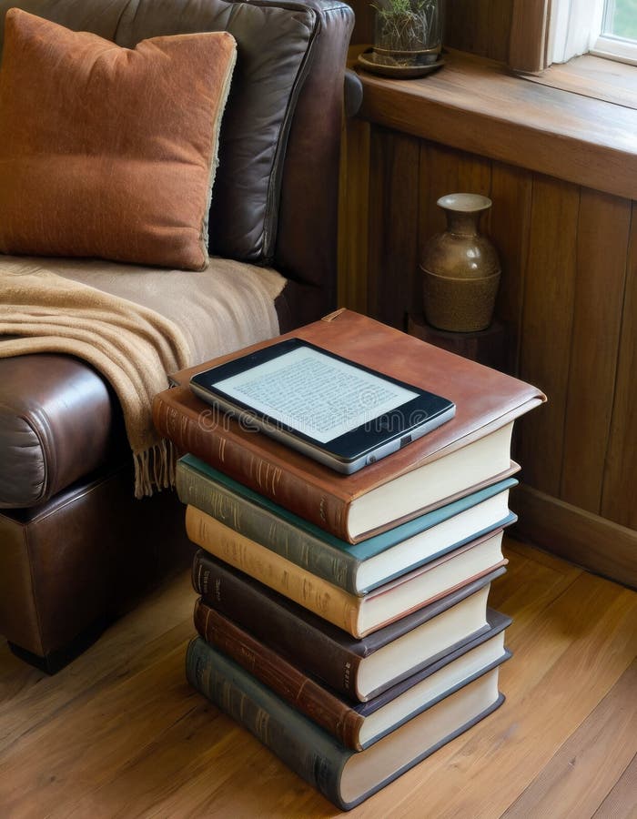 E-reader on Stack of Leather-bound Books Stock Image - Image of library ...
