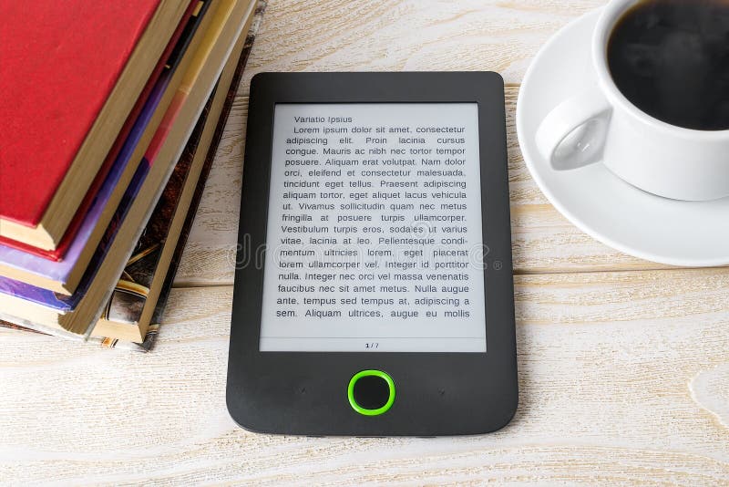 E-reader, Stack of Ordinary Paper Books and Cup of Hot Coffee on a ...