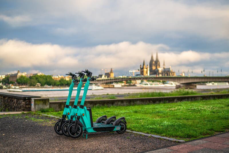 E-scooters on Cologne`s Rhine Promenade, Germany. Editorial Stock Photo ...