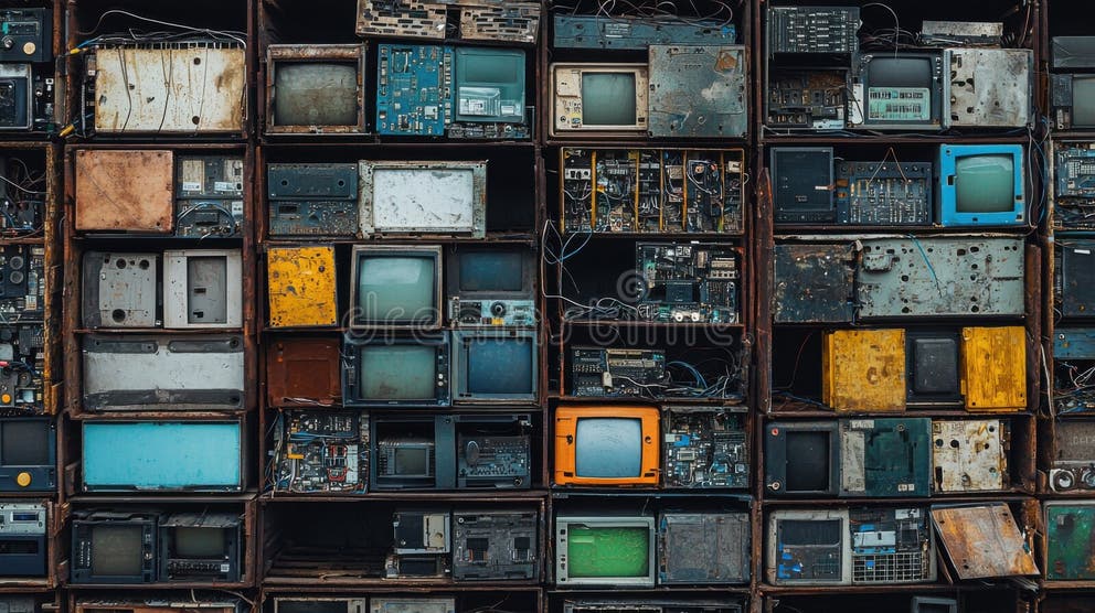 Old Electronic Devices Neatly Stacked for Processing at a Recycling ...