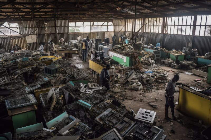 E-waste Recycling Center, with View of Workers Dismantling and Sorting ...