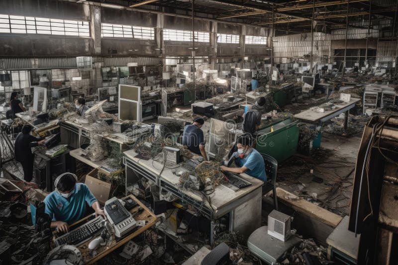 E-waste Recycling Center, with View of Workers Dismantling and Sorting ...