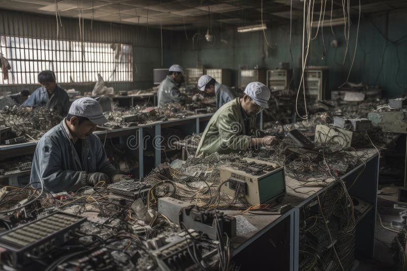 E-waste Recycling Center, with Workers Sorting through Piles of Old ...