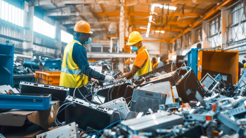 E-waste Recycling Concept with Workers Sorting Discarded Electronics in ...
