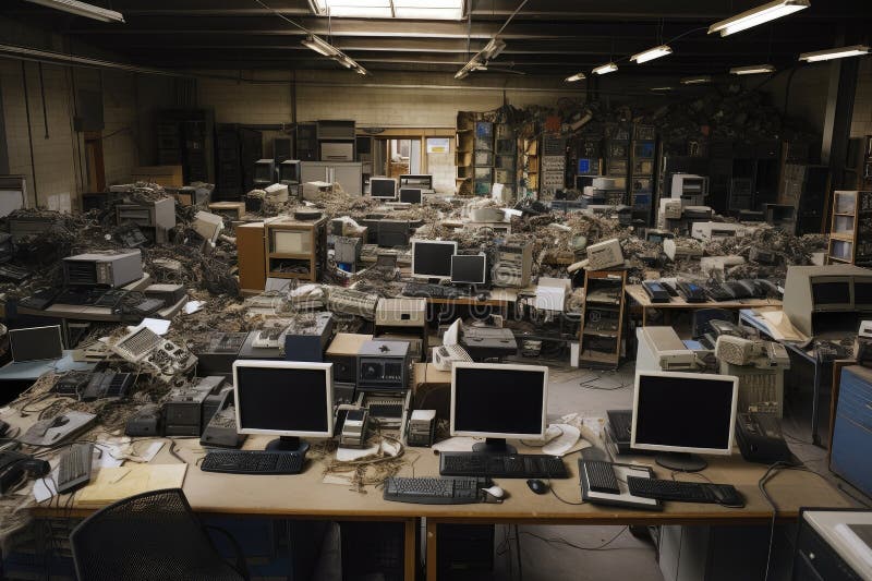 E-waste Recycling Facility, with Rows of Computers, Phones, and Other ...