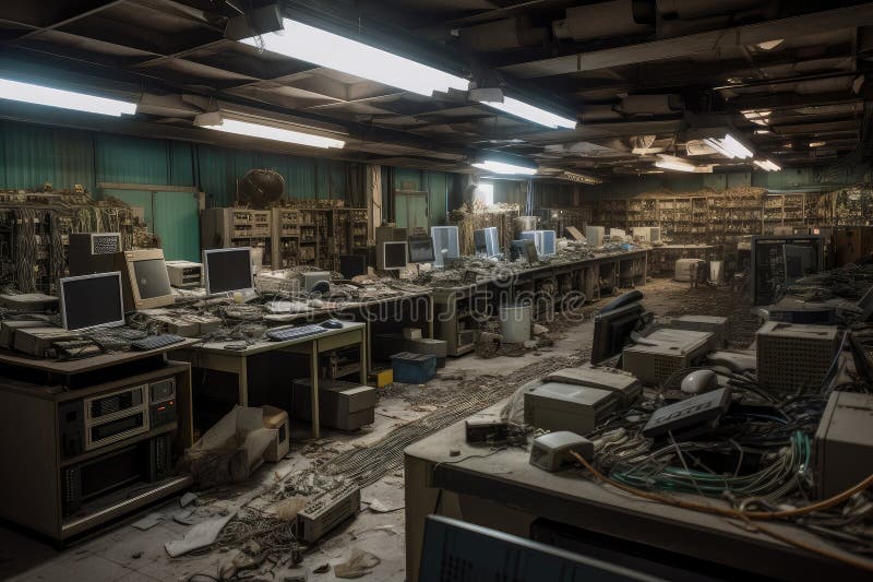 E-waste Recycling Facility, with Rows of Computers, Phones, and Other ...