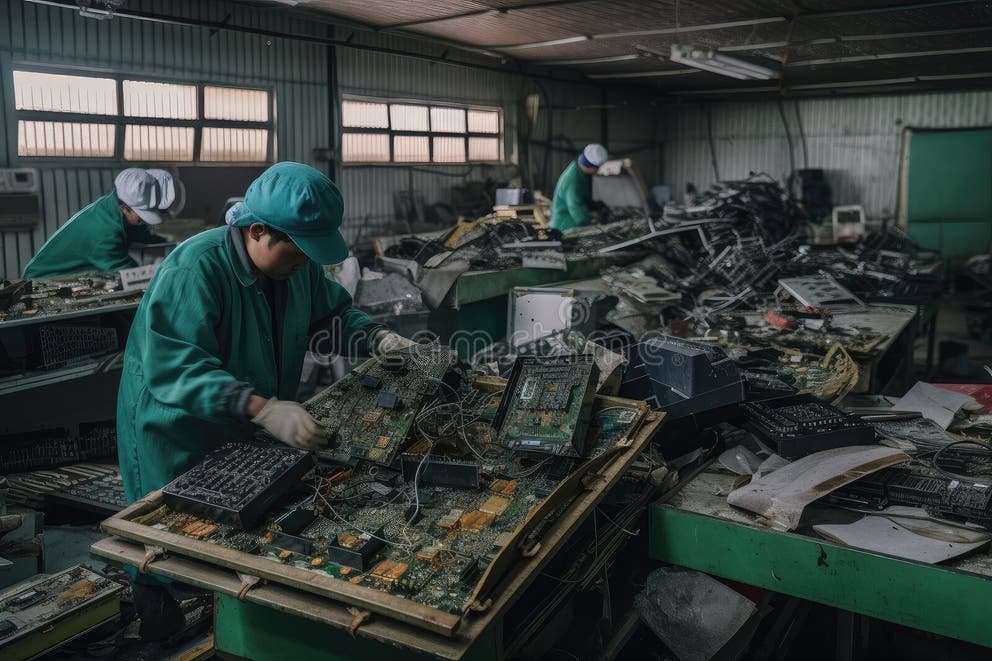 E-waste Recycling Facility, with Workers Dismantling and Sorting Electronic Devices Stock ...