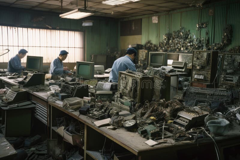 E-waste Recycling Facility, with Workers Sorting and Cleaning Discarded ...
