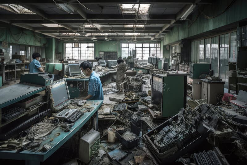 E-waste Recycling Facility, with Workers Sorting and Cleaning Discarded ...