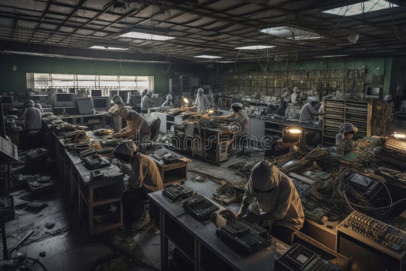 E-waste Recycling Facility, with Workers Sorting and Cleaning Discarded ...