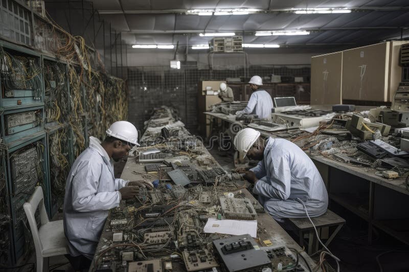 E-waste Recycling Facility, with Workers Sorting and Dismantling ...