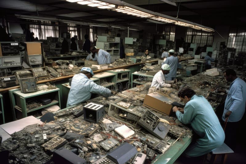E-waste Recycling Facility, with Workers Sorting and Dismantling ...