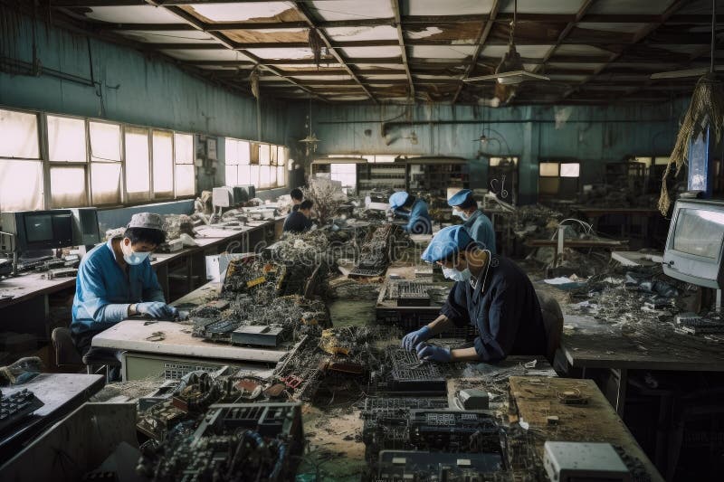E-waste Recycling Facility, with Workers Sorting and Dismantling ...