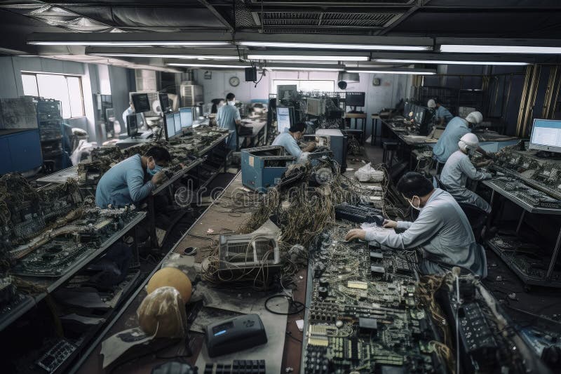 E-waste Recycling Facility, with Workers Sorting and Dismantling Electronic Devices Stock ...