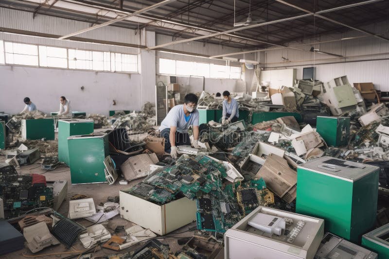 E-waste Recycling Facility, with Workers Sorting and Dismantling Old ...
