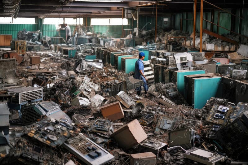 E-waste Recycling Facility, with Workers Sorting and Dismantling Old ...