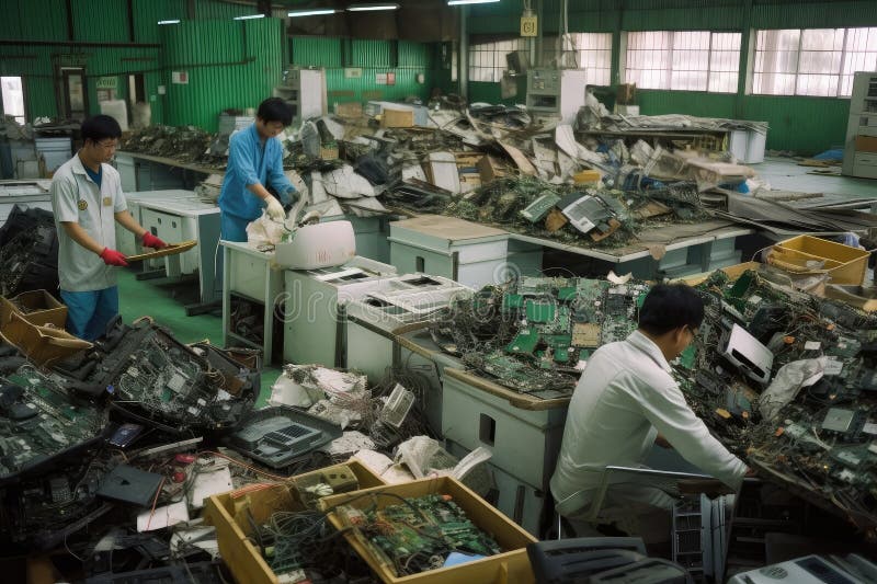 E-waste Recycling Facility, with Workers Sorting and Dismantling Old ...