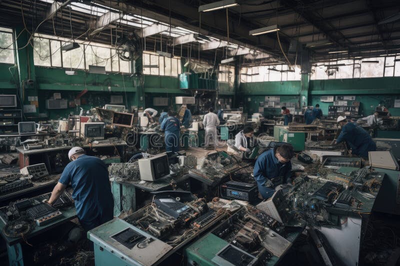 E-waste Recycling Facility, with Workers Sorting and Dismantling ...