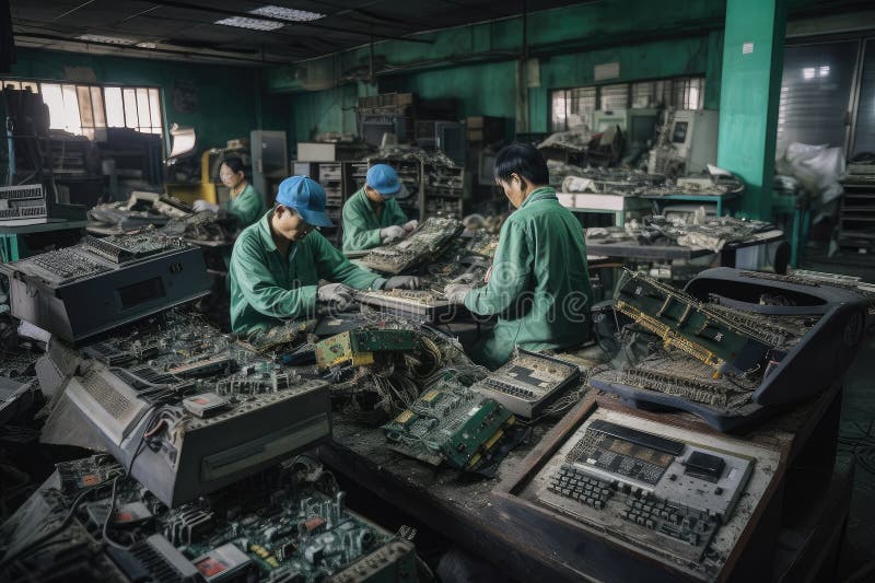 E-waste Recycling Facility, with Workers Sorting through and Repairing ...