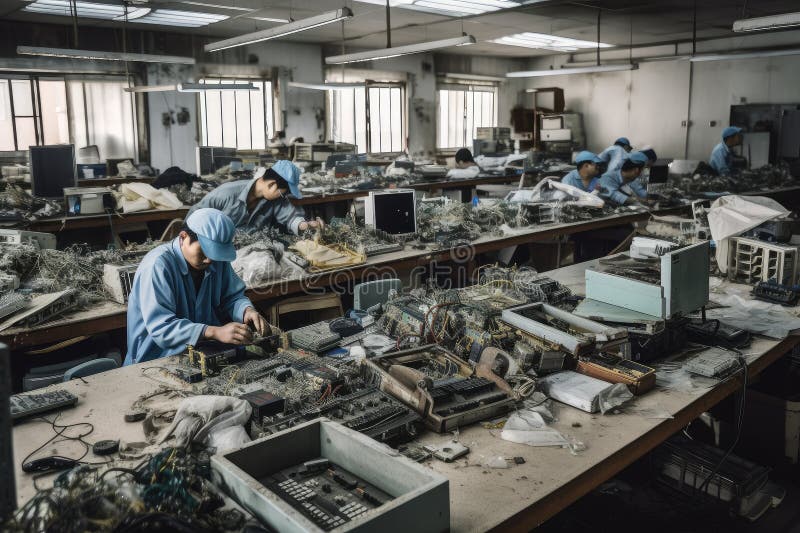 E-waste Recycling Facility, with Workers Sorting and Repairing Various ...
