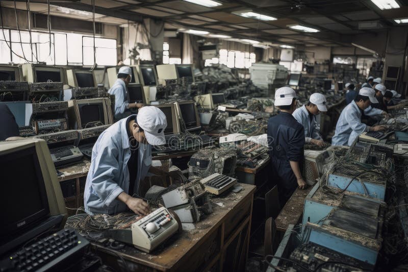E-waste Recycling Facility, with Workers Sorting and Repairing Various ...