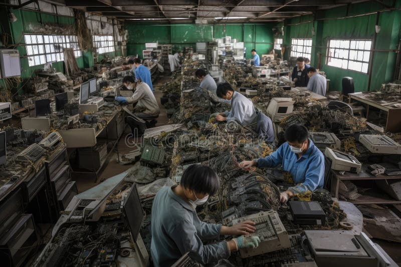 E-waste Recycling Plant, with Teams of Workers Sorting and Repairing ...