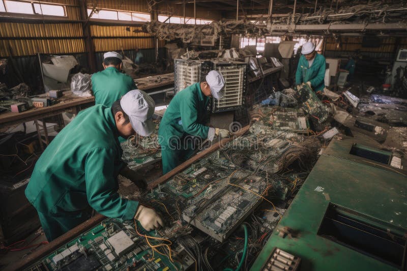 E-waste Recycling Plant, with Teams of Workers Sorting and Repairing ...