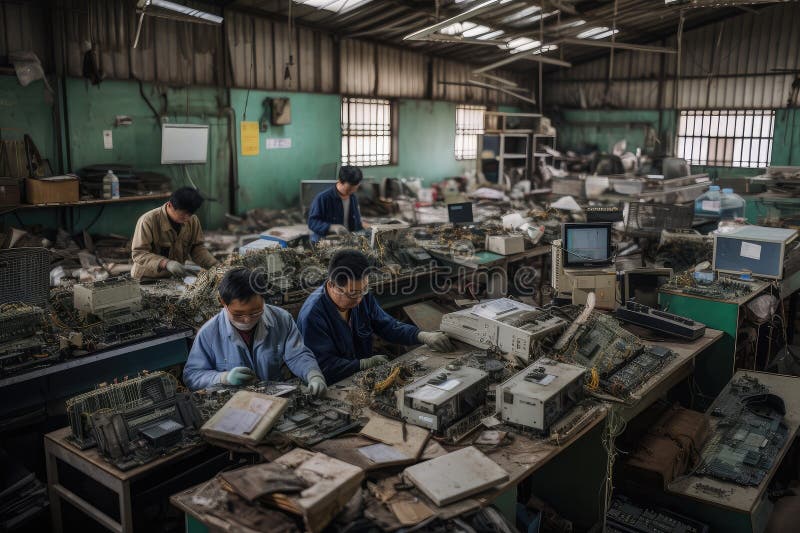 E-waste Recycling Plant, with Workers Breaking Down and Sorting Various ...