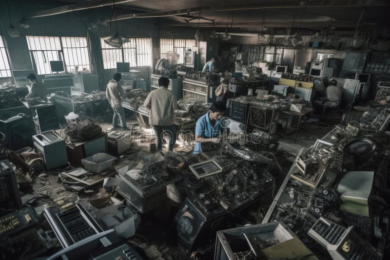 E-waste Recycling Plant, with Workers Breaking Down and Sorting Various ...