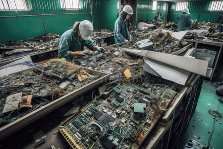 E-waste Recycling Plant, with Workers Disassembling and Sorting Electronic Devices Stock ...