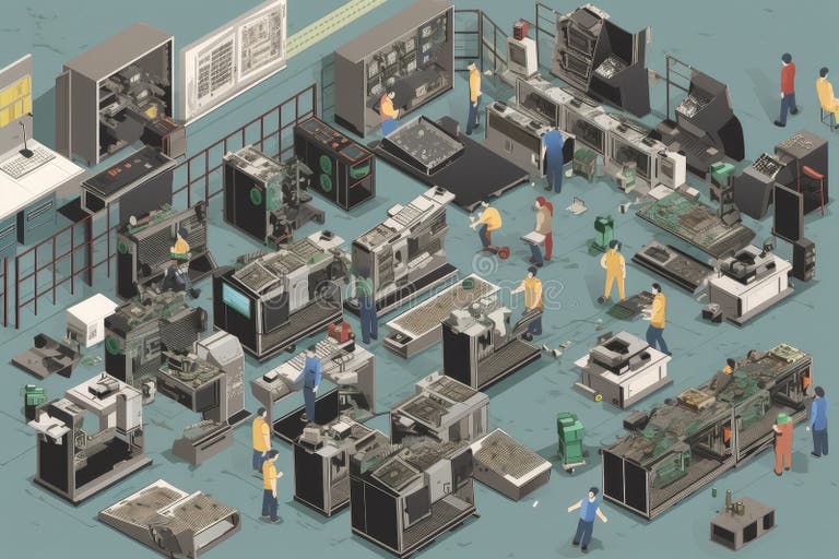 E-waste Recycling Plant, with Workers Disassembling and Sorting Electronic Devices Stock ...