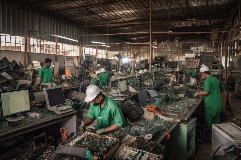E-waste Recycling Plant, with Workers Sorting and Dismantling Used ...