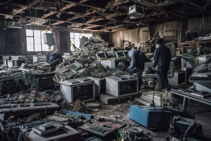 E-waste Recycling Plant, with Workers Sorting and Dismantling Used Devices Stock Illustration ...
