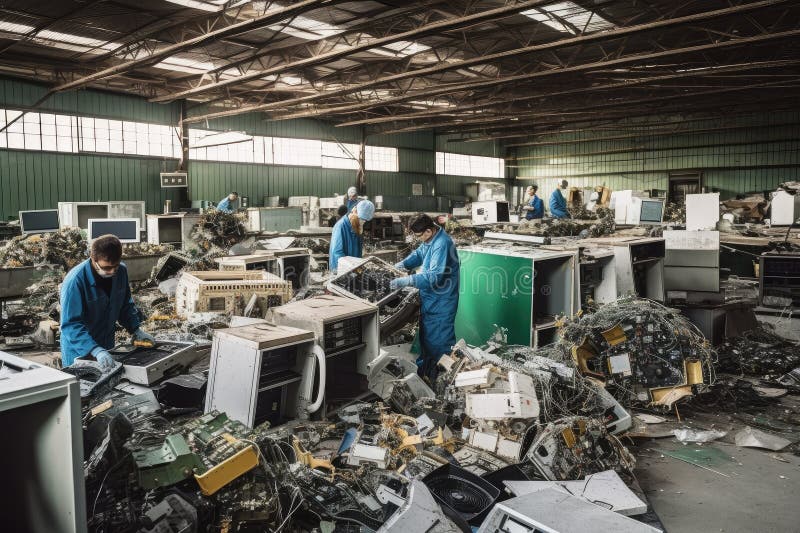 E-waste Recycling Plant, with Workers Sorting and Dismantling Used ...