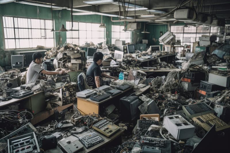 E-waste Recycling Plant, with Workers Sorting and Dismantling Various ...