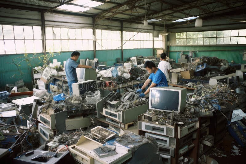E-waste Recycling Station, with Workers Sorting and Dismantling ...