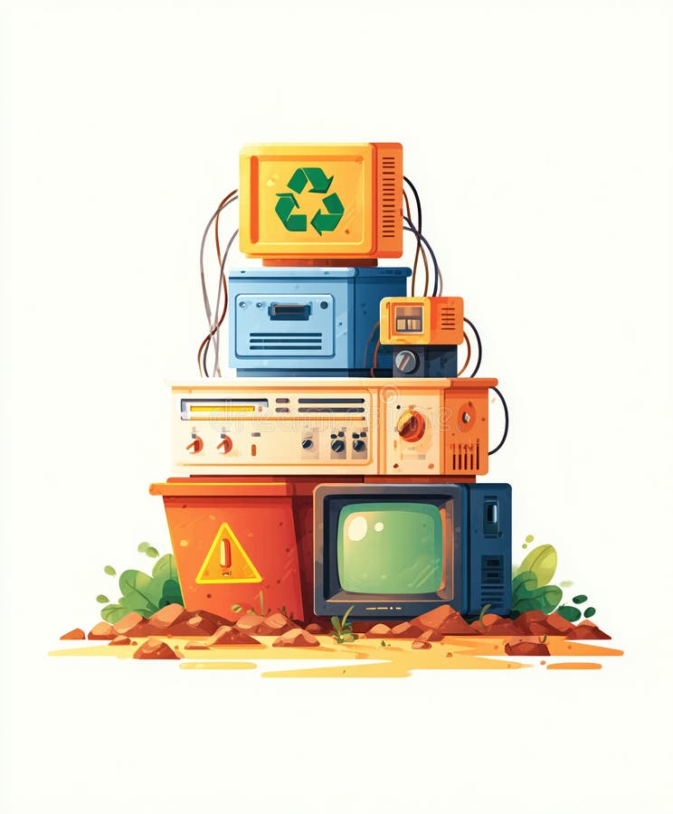 E-waste. Stack of Colorful Vintage Electronics with Recycling Symbol on ...
