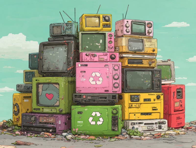 E-waste. Stack of Colorful Vintage Televisions with Various Designs and ...
